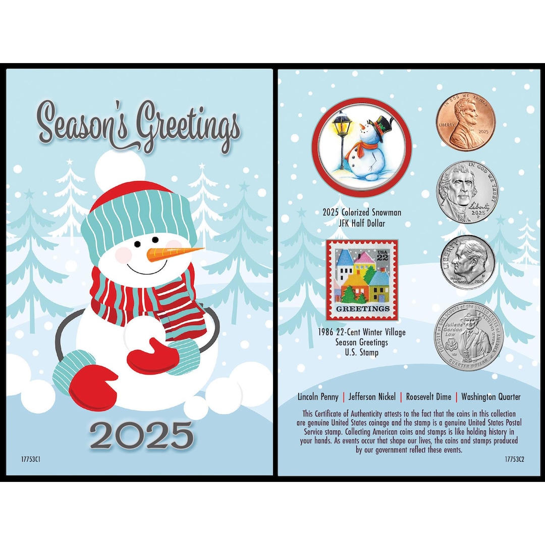 Snowman Coin Collectible Greeting Card USA JFK Half Dollar, First ...