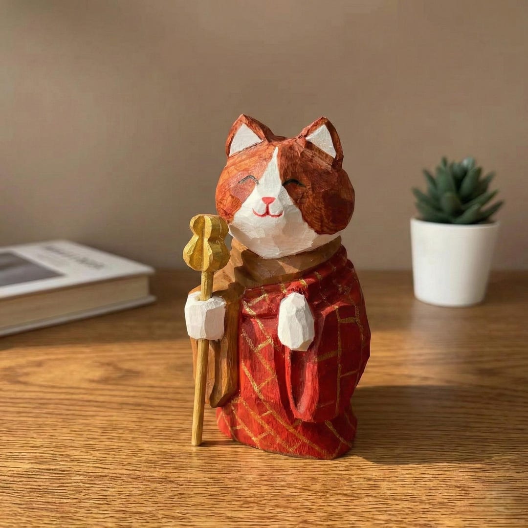 Hand Carved Wooden Cat Figurine,mini Painted Lucky Cat Statue,cute Desk ...