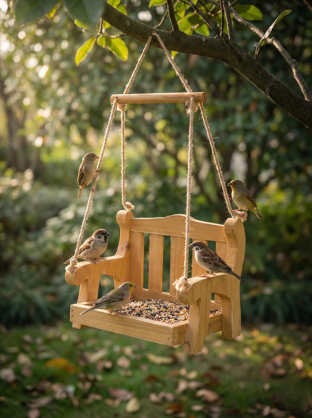 Wood Bird Feeder Hanging Rustic Bench Style, Backyard Bird Feeder for ...