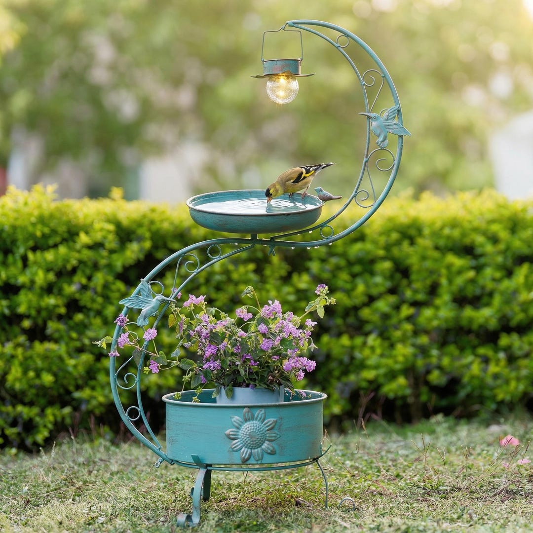 Crescent Moon Solar Bird Bath Planter, Rustic Teal Metal Yard Art - Etsy
