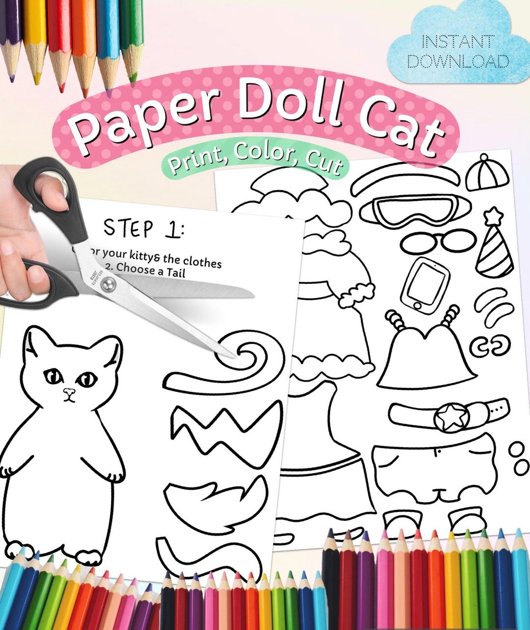 Paper Doll Cat, Printable Coloring Page Cutout Craft, Paper Clothes ...