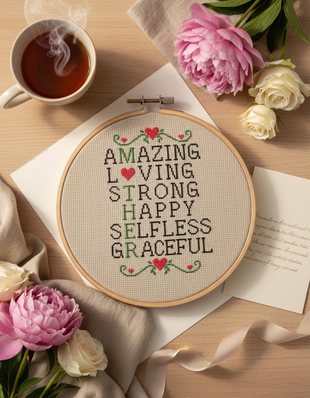 Mother Acrostic Cross Stitch Pattern, Floral Mom Quote Embroidery ...