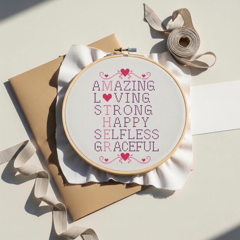 Mother Acrostic Cross Stitch Pattern, Floral Mom Quote Embroidery ...