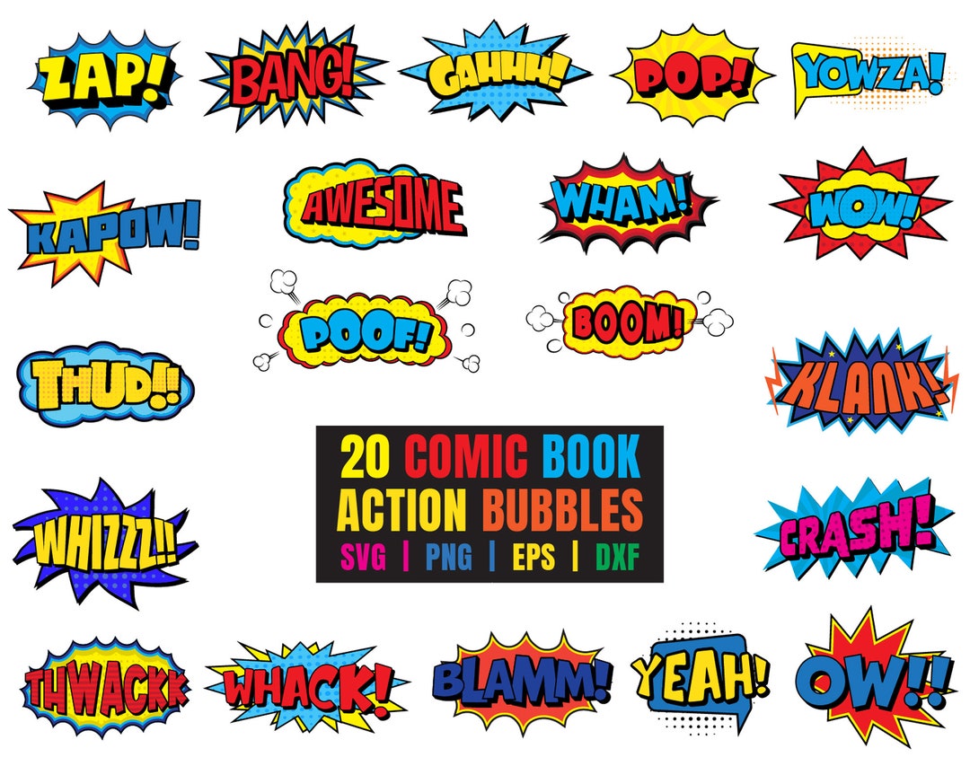 Bundle of 20 Comic Action Bubbles and 10 Papers, Comic Cartoon Style ...