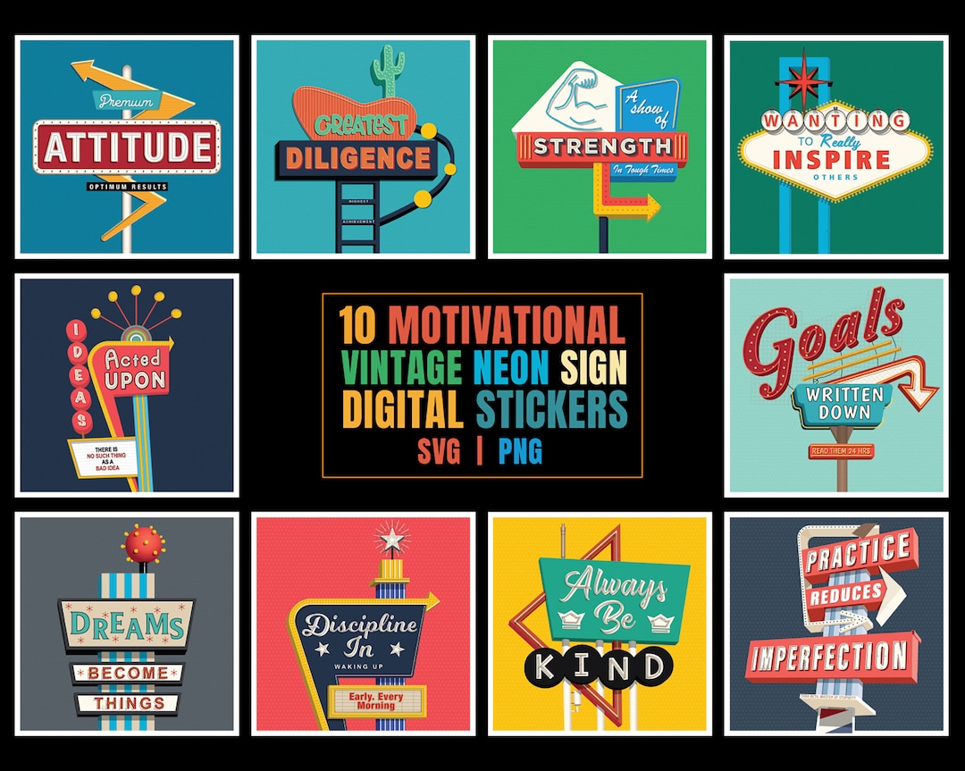 Vintage Neon Sign Stickers, Inspirational Quotes SVG PNG Bundle - Etsy