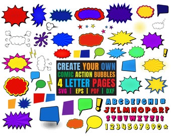 Bundle of 20 Comic Action Bubbles and 10 Papers, Comic Cartoon Style ...
