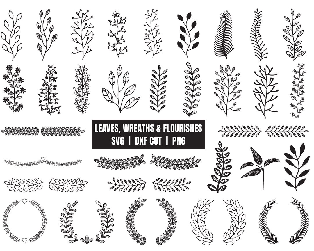 32 Leaves & Flourishes SVG Bundle, Wreath Svg Foliage Bundle, Flourish ...