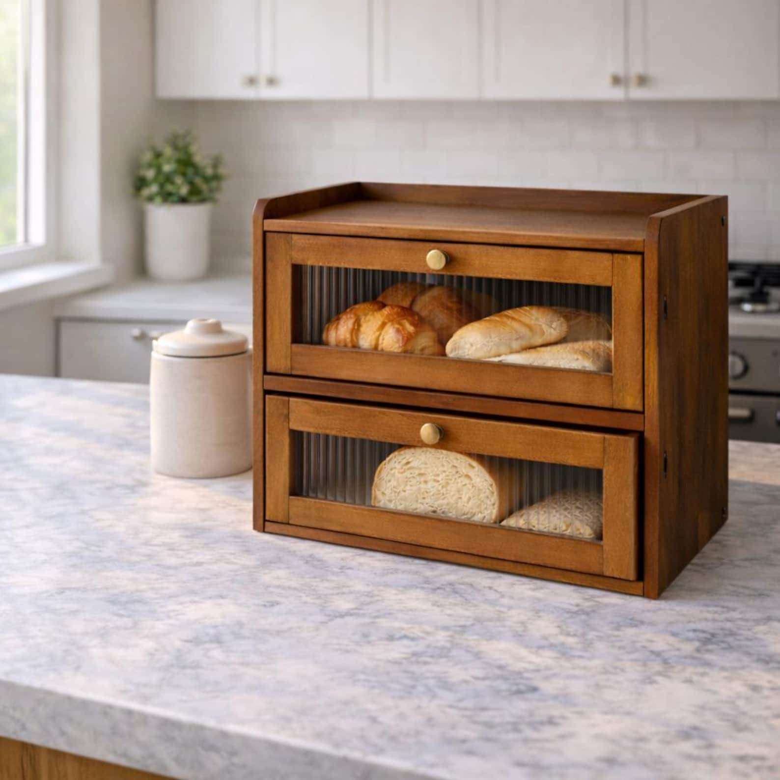 Wooden Bread Box for Kitchen Countertop, 2 Layer Bread Storage ...