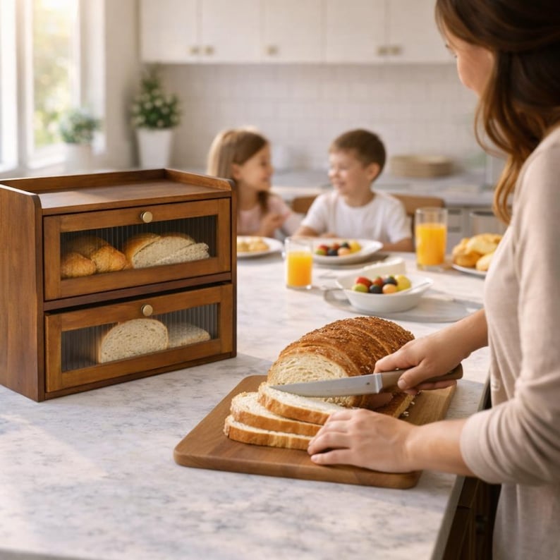 Wooden Bread Box for Kitchen Countertop, 2 Layer Bread Storage ...