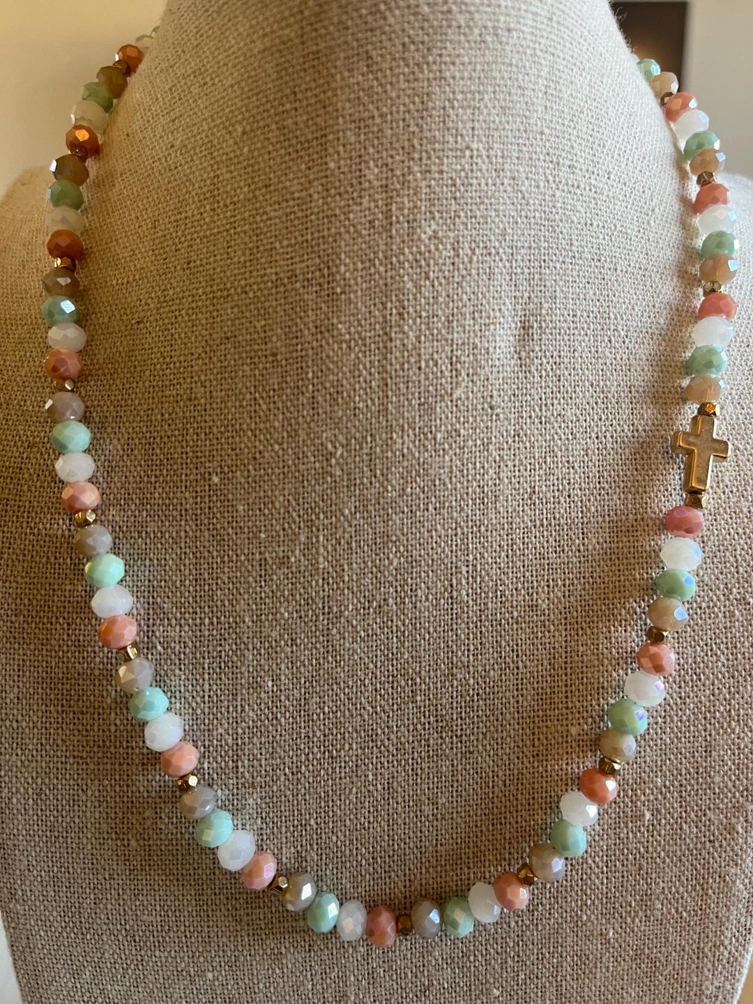 Peach and Mint Offset Gold Cross Beaded Necklace - Etsy