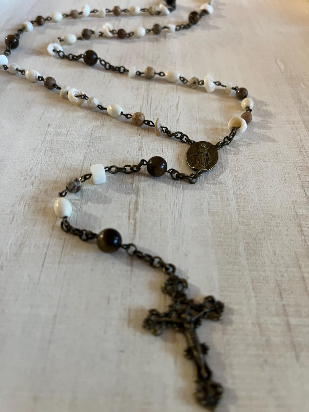 Jasper, Shell and Riverstone Bronze Rosary - Etsy
