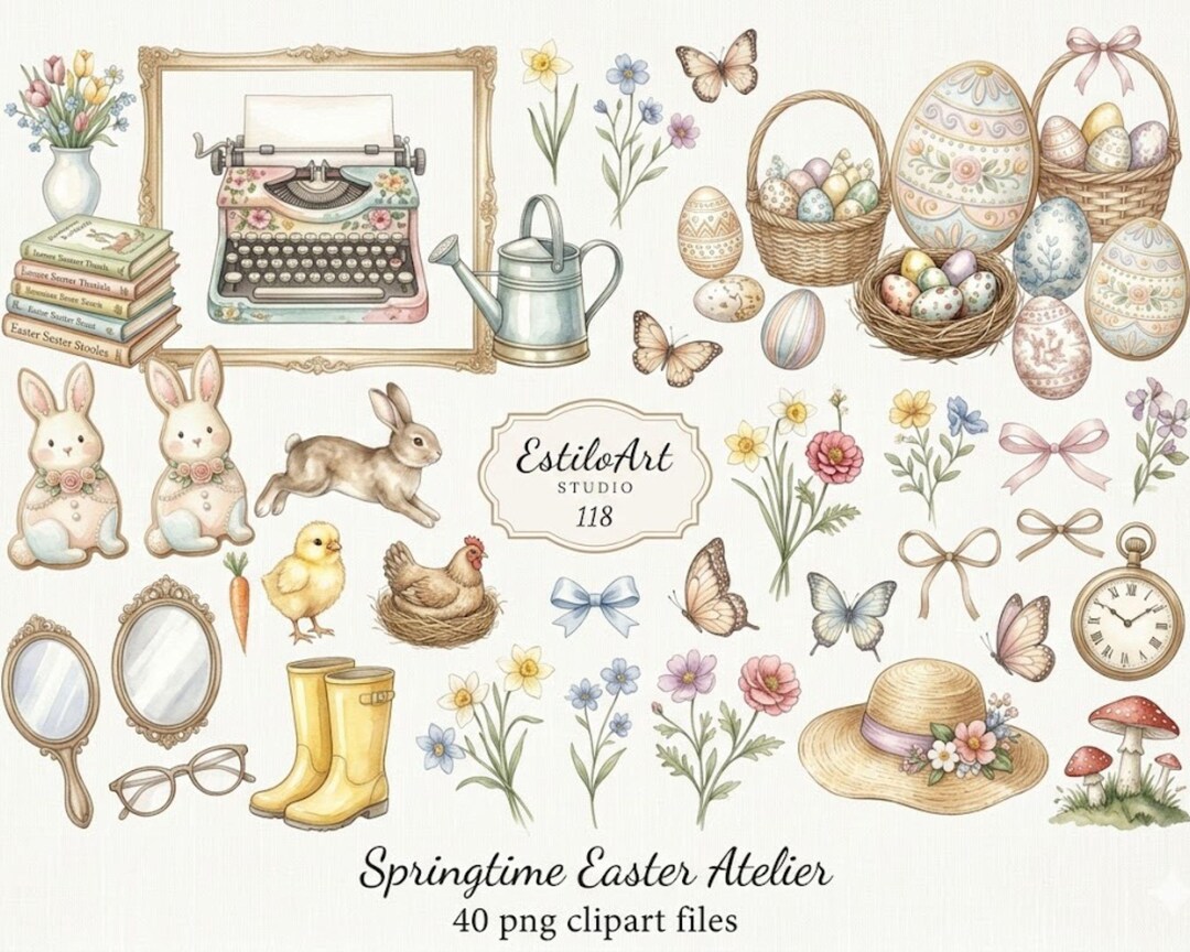 Vintage Easter Clipart Bundle, Neutral Watercolor Spring Bunnies and ...