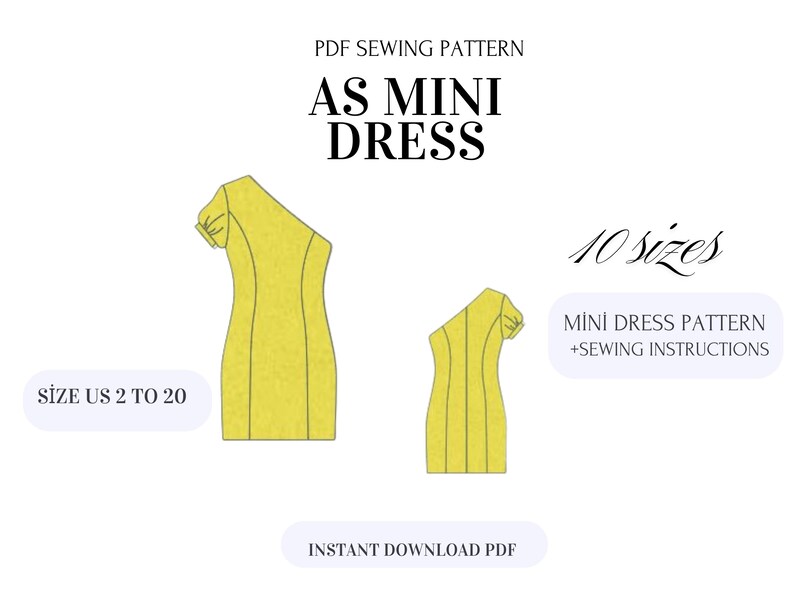 One Shoulder Mini Dress Sewing Pattern, Bodycon Fit, Sizes 2-20 (PDF ...