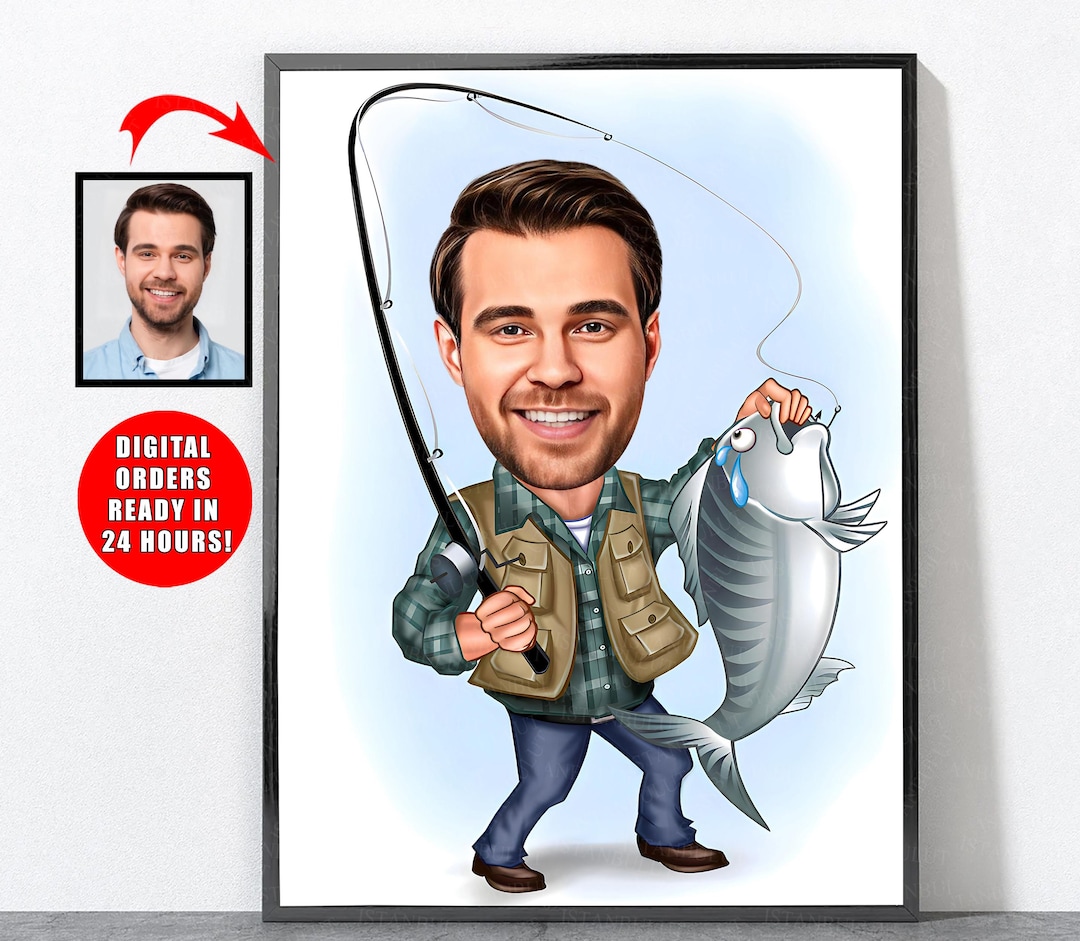 Fishing Gifts, Cartoon Fisherman Poster From Your Photo - Etsy