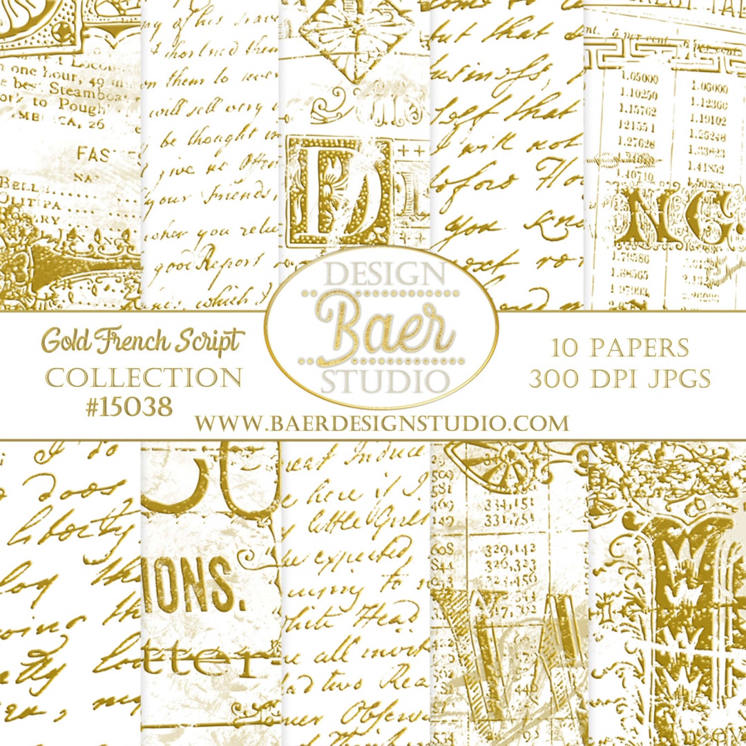 Gold Script Digital Paper:gold and White Digital Paper, Gold Handrawn ...