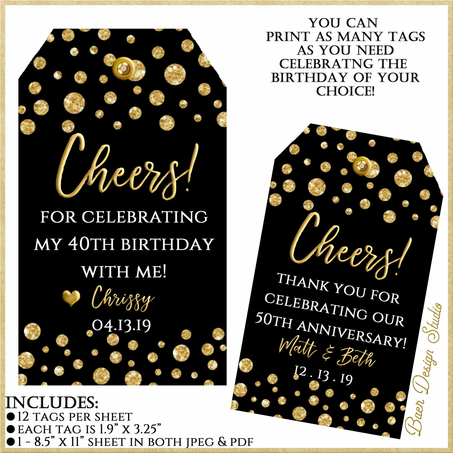 Black and Gold Cheers Printable Tag Custom Thank You Tags - Etsy
