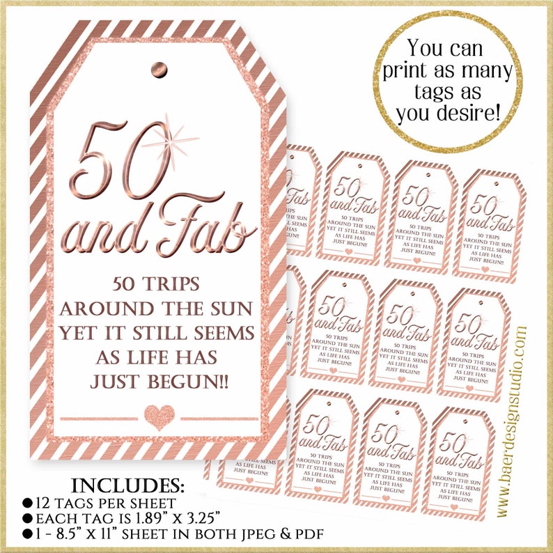 PINK 50th Birthday Thank You Tags 50 and Fab 50 Trips Around - Etsy