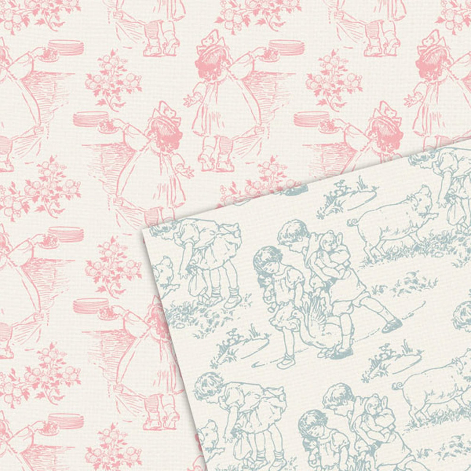 Pink and Blue Toile Digital Paper: Burlap Texture Backgrounds, French ...