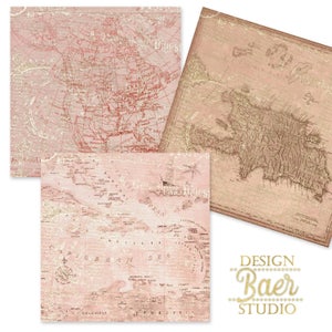 Pink Vintage Map Digital Paper: Blush Decoupage Printables, Dusty Rose ...