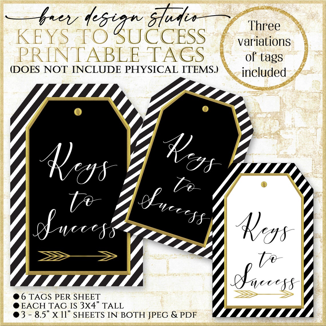 Black and Gold Keys to Success Printable Tags:college - Etsy