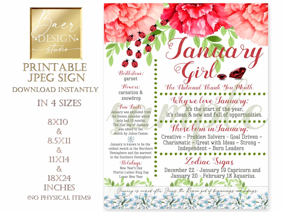 JANUARY GIRL POSTER Printable, January Birthday Fun Facts Poster ...