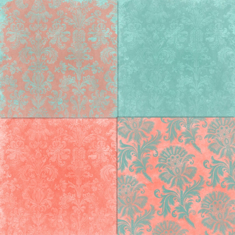 Teal and Coral Damask Digital Paper: 12x12, 8.5x11 (digital Download ...
