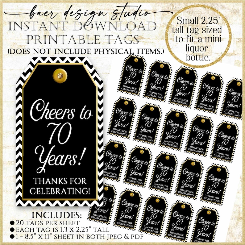 70th Birthday Party Favor Tags: Cheers to 70 Years (digital Download ...