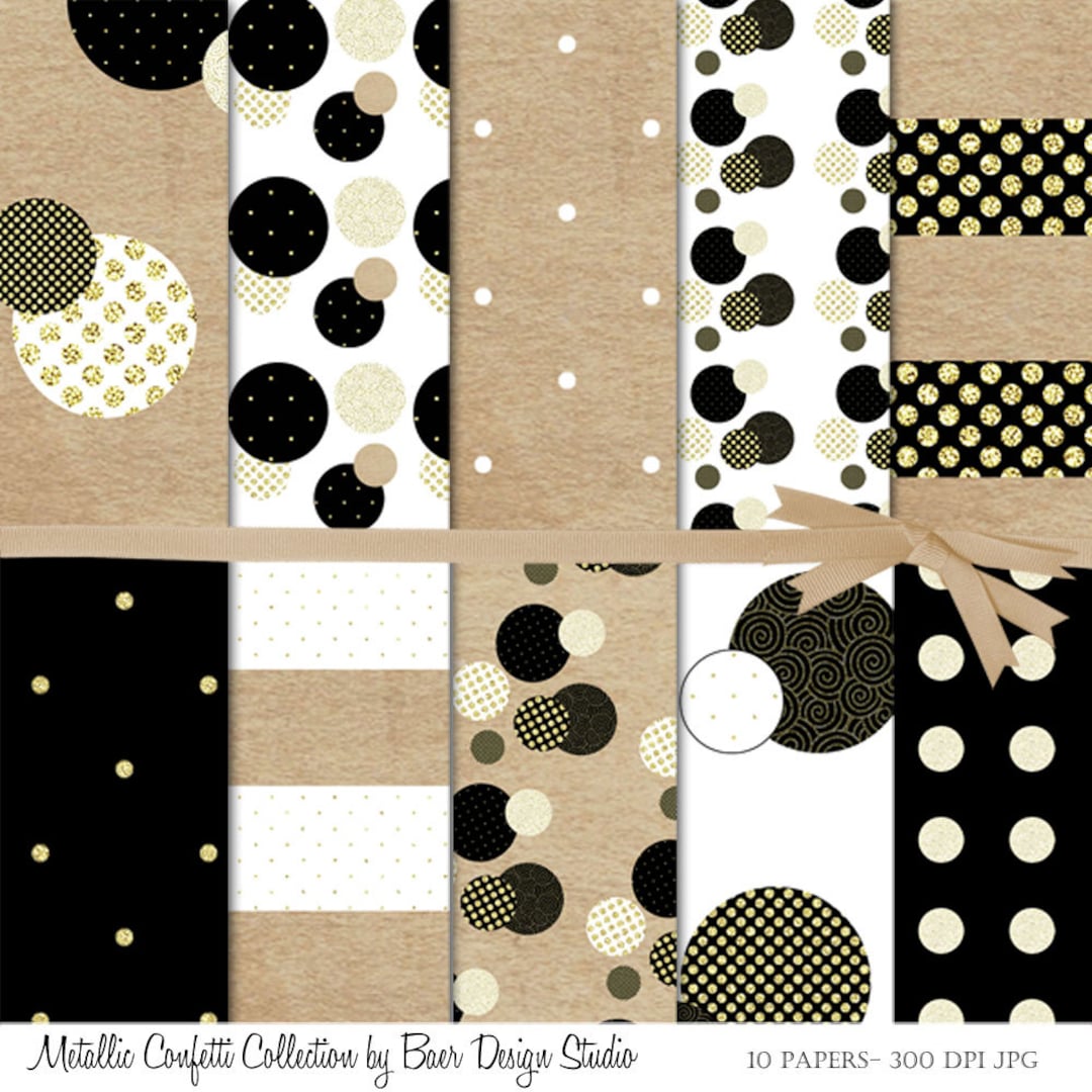 Black, White, and Gold Polka Dot Digital Paper (12x12, 8.5x11) (digital ...