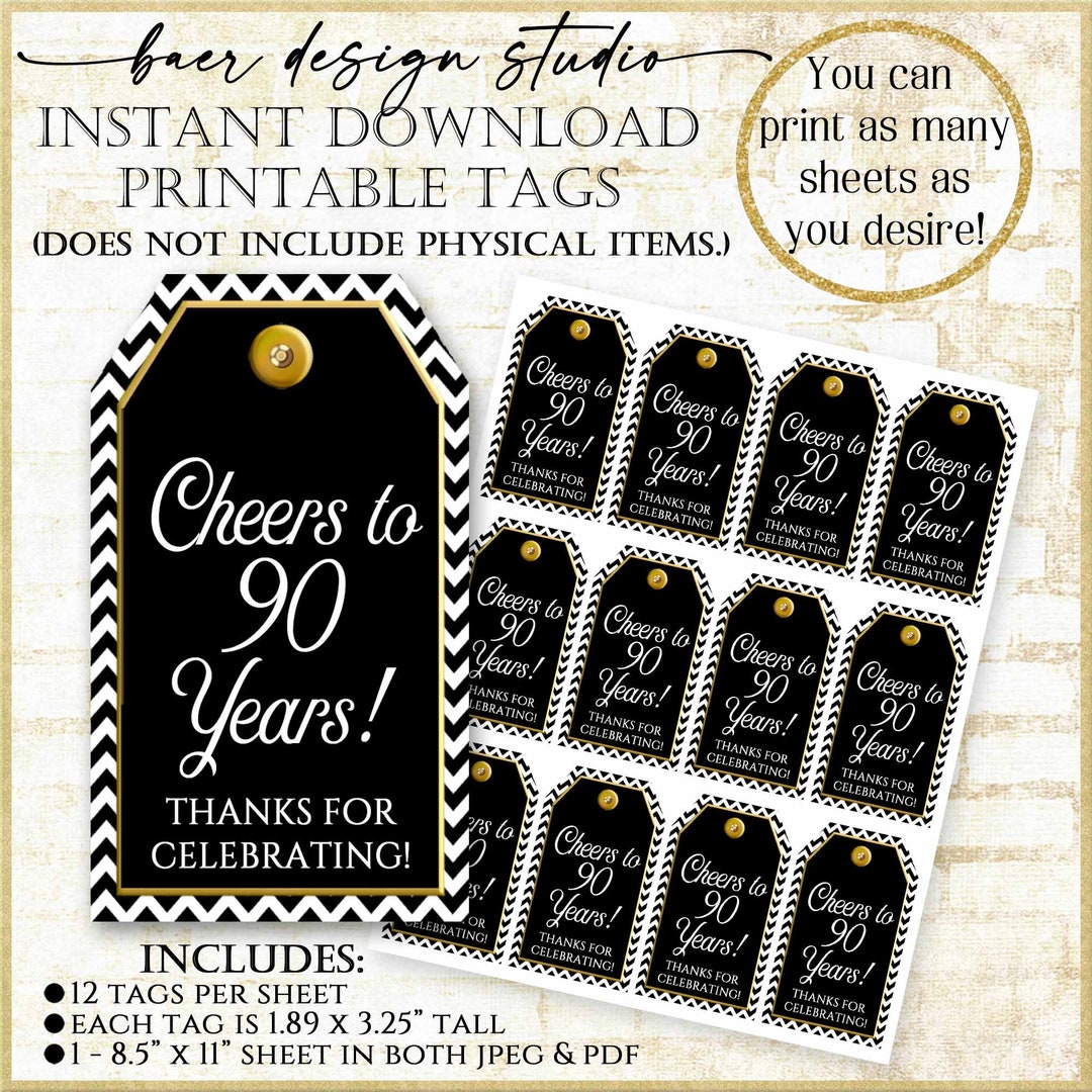Printable 90th Birthday Tag, 90th Birthday Party Favor Tags, Cheers to ...