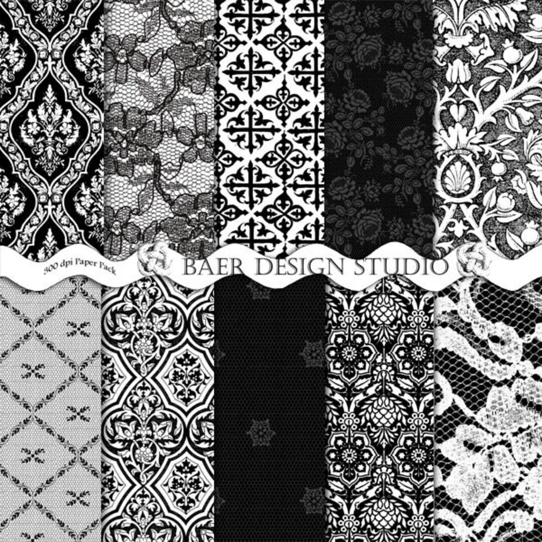 Black Digital Paper Pack With Lace and Damask Patterns - Etsy
