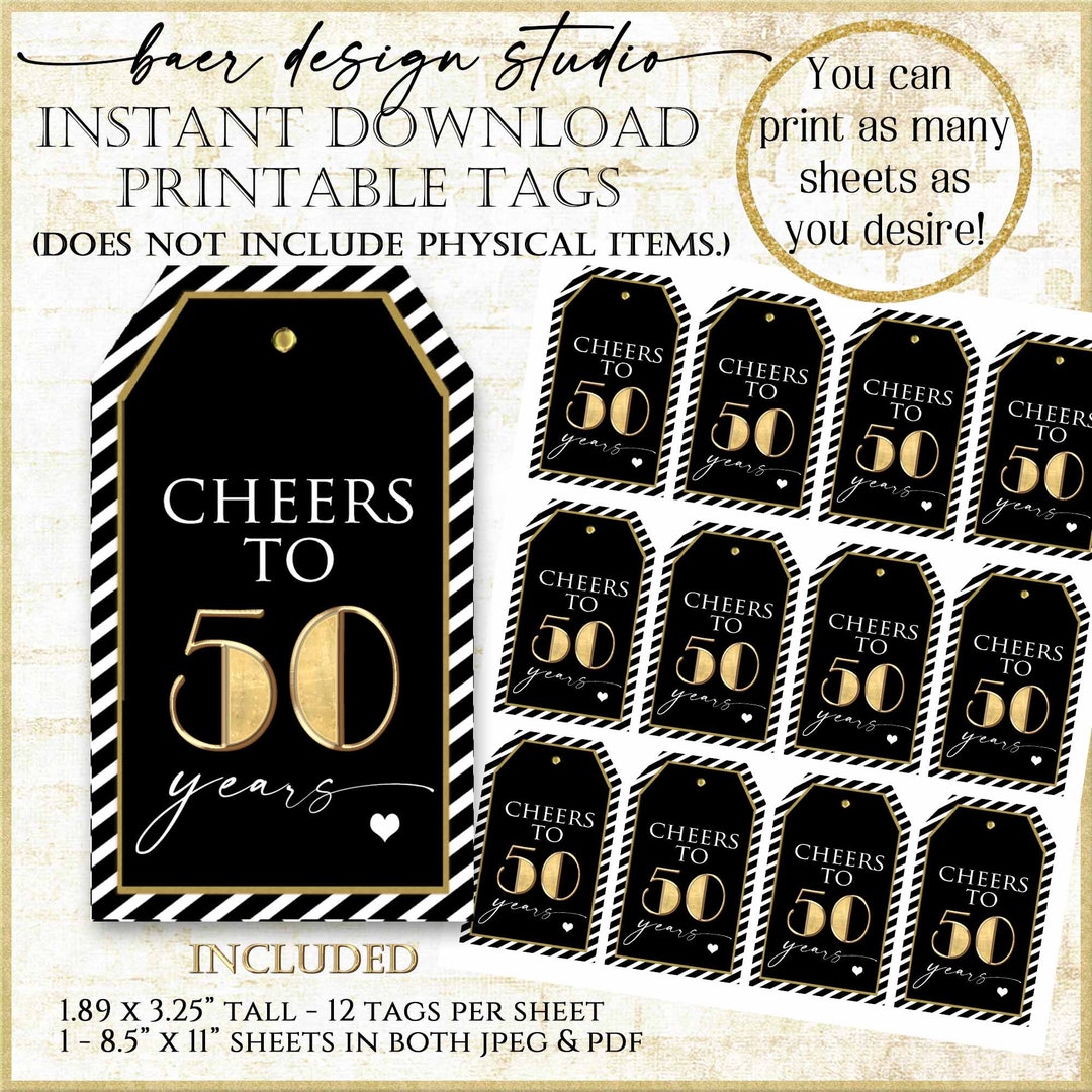Black and Gold 50th Birthday Tag, 50 Birthday Party Favor Tags, Cheers ...