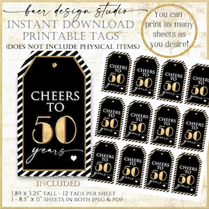 Black and Gold 50th Birthday Tag, 50 Birthday Party Favor Tags, Cheers ...