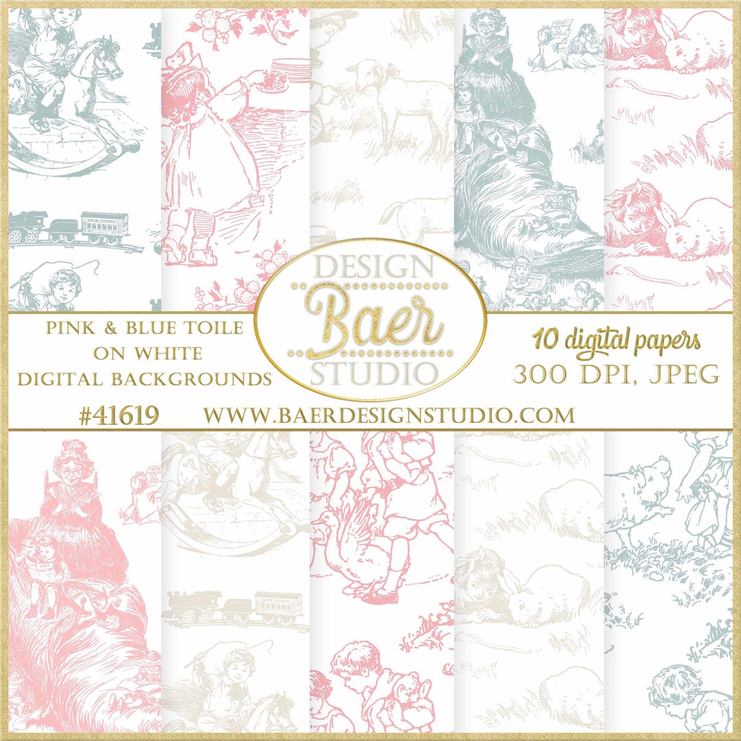 Toile Digital Paper Patterns, Pink Toile Digital Paper, Powder Blue ...