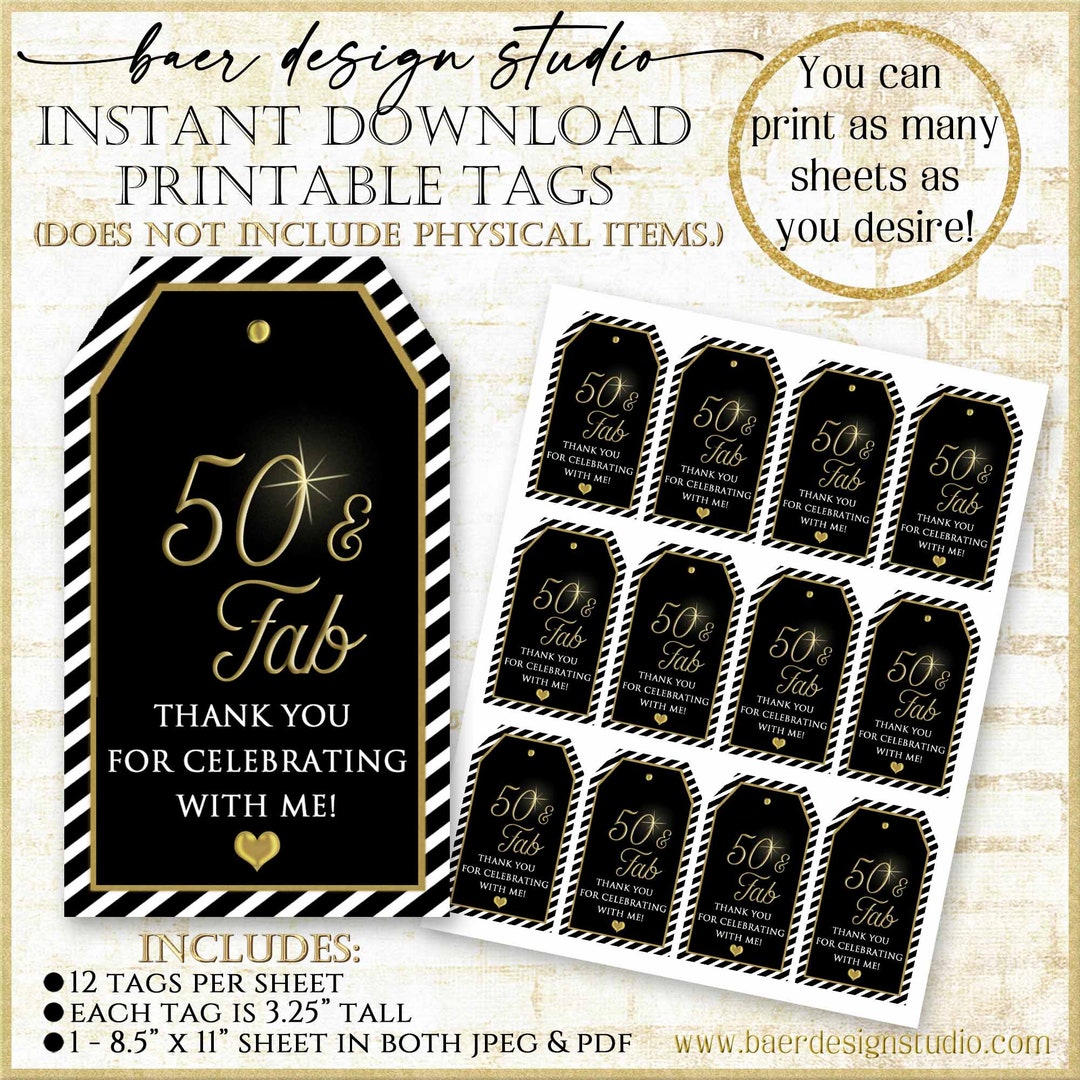 50 and Fab Black and Gold Party Favor Tag:50th Birthday Thank You Tags ...