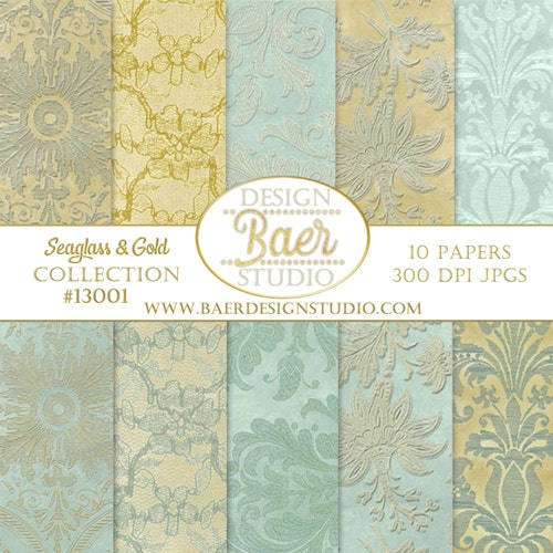 Blue & Gold Foil Damask Digital Paper Vintage Navy | Etsy