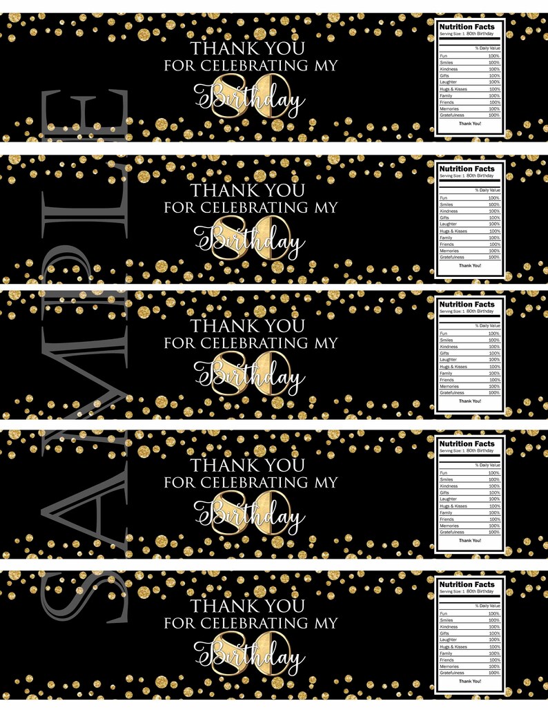 80th Birthday Water Bottle Labels: Black and Gold Confetti (digital ...