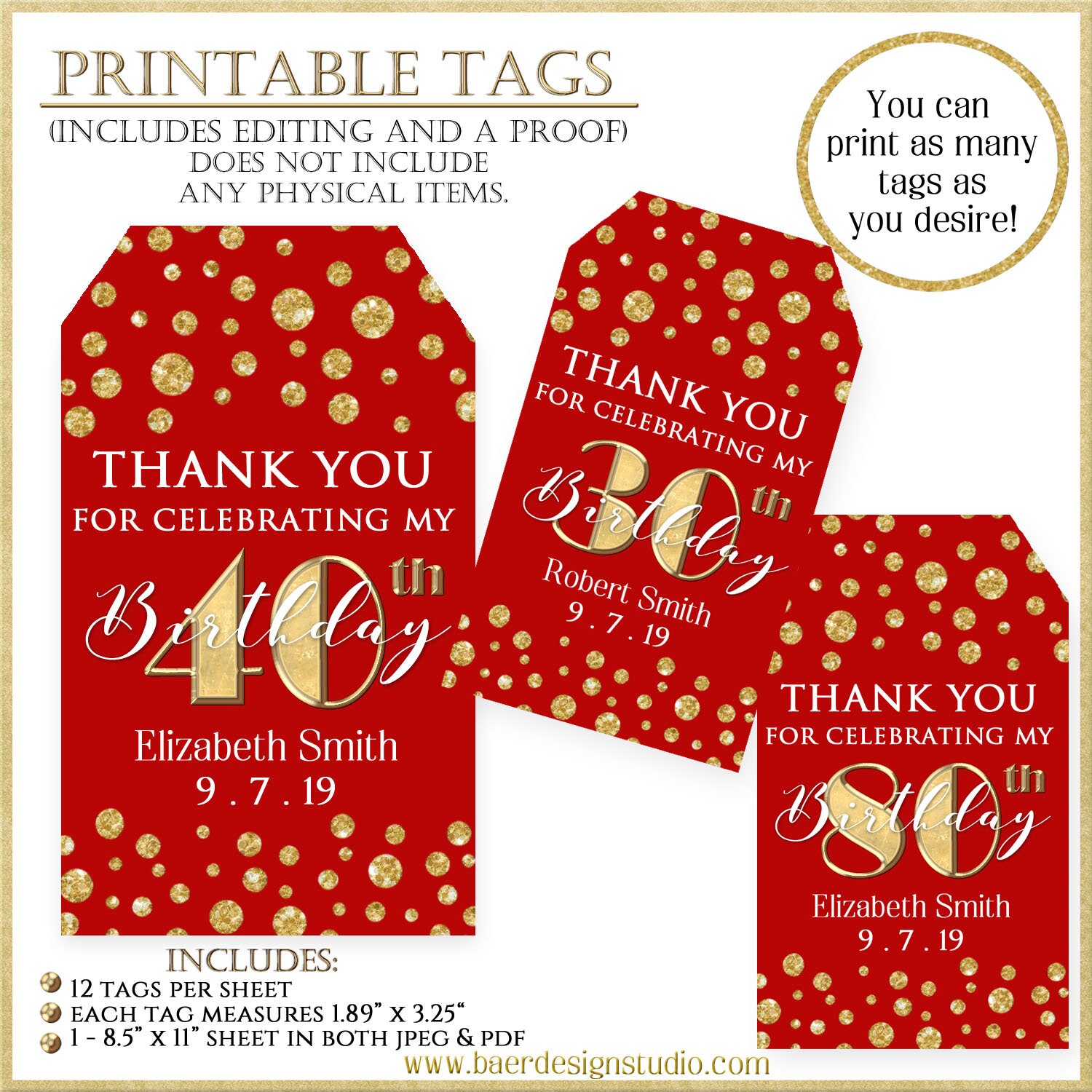 Red and Gold Printable Tags:40th Birthday Tag Personalized | Etsy