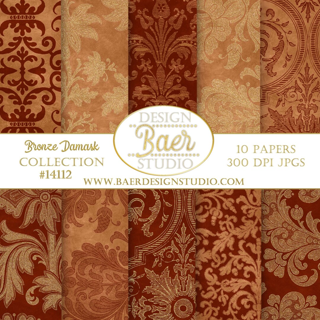 Bronze Damask Digital Paper: Copper and Gold Patterned Backgrounds ...