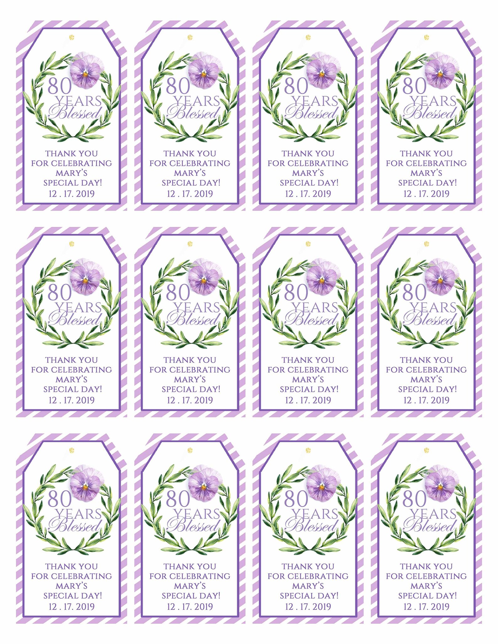 Thank You Tags:80th Party Favors Pansy Printable Tags Mini - Etsy
