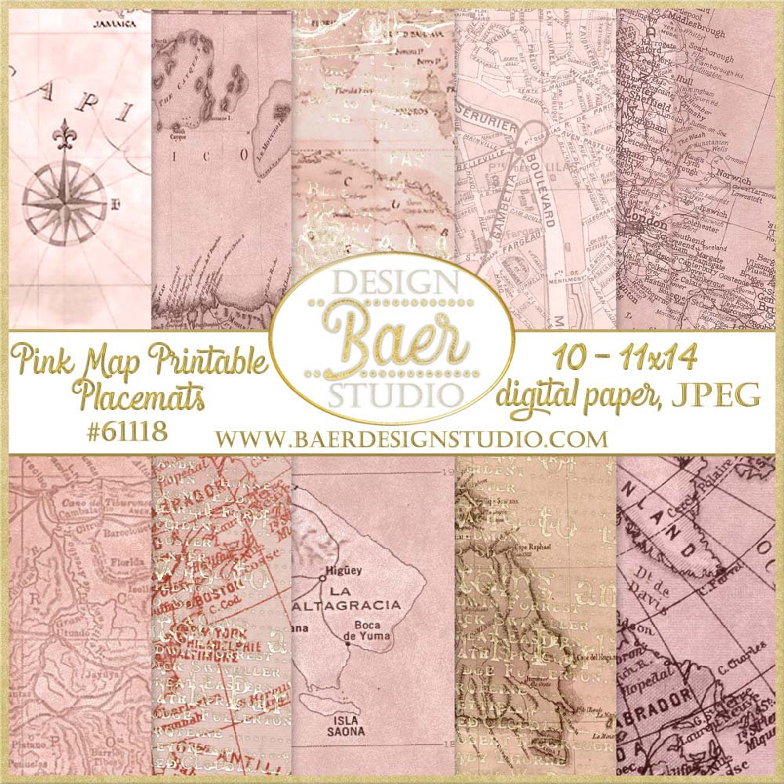 Pink Map Placemats: 11x14 Digital Paper Pink Vintage Map - Etsy