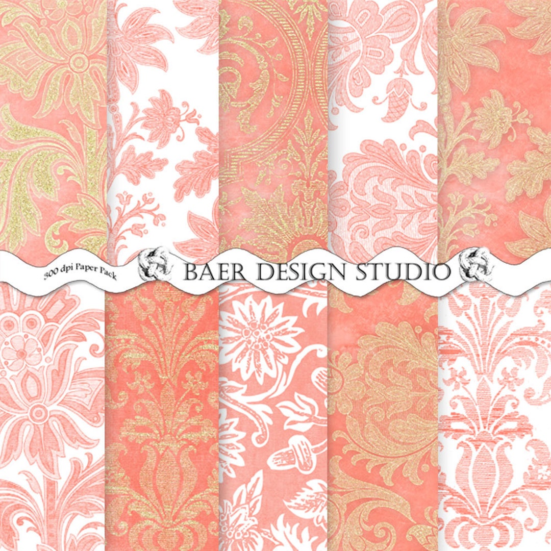 Floral and Gold Digital Paper, Coral and Gold Digital Paper, Coral ...