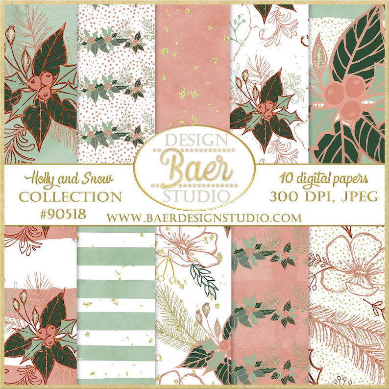 Rose Gold and Green Digital Paper:christmas Digital Paper, Holly ...
