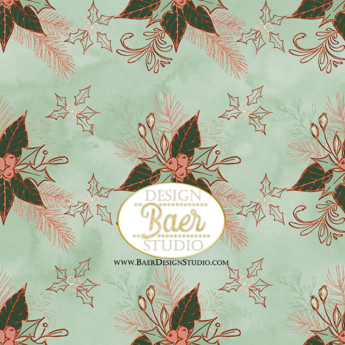 Rose Gold and Green Digital Paper:christmas Digital Paper, Holly ...