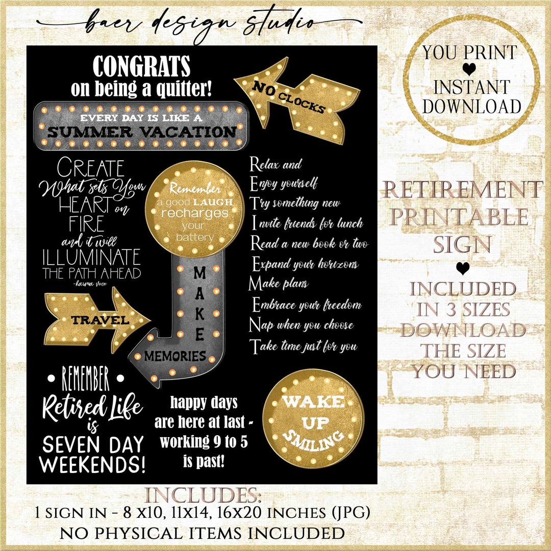 Retirement Rules Printable Sign, Retirement Black and Gold Digital Sign ...