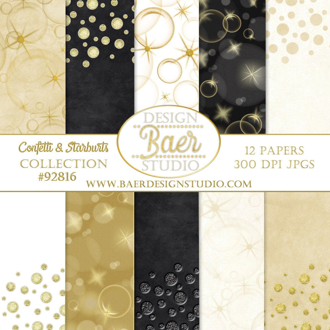 Gold Confetti Digital Paper: Black and White Bokeh Backgrounds (digital ...