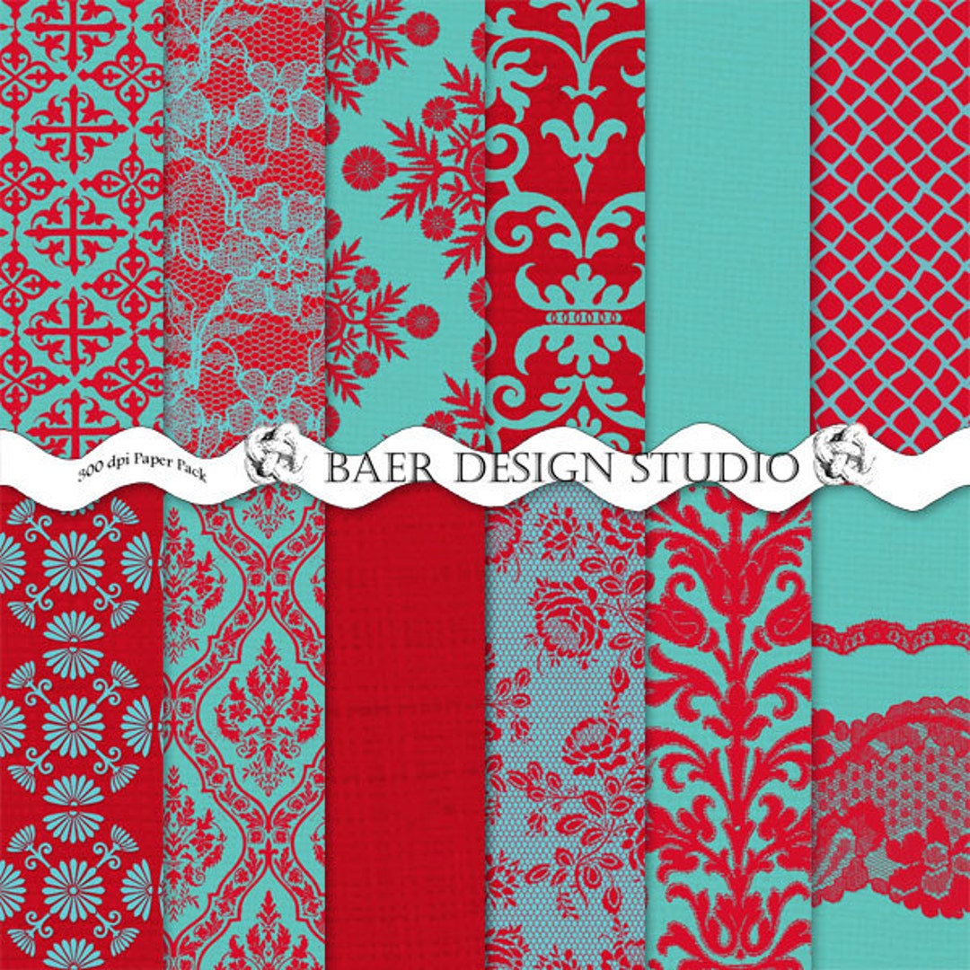Red and Turquoise Digital Paper: Damask and Lace Backgrounds (download ...
