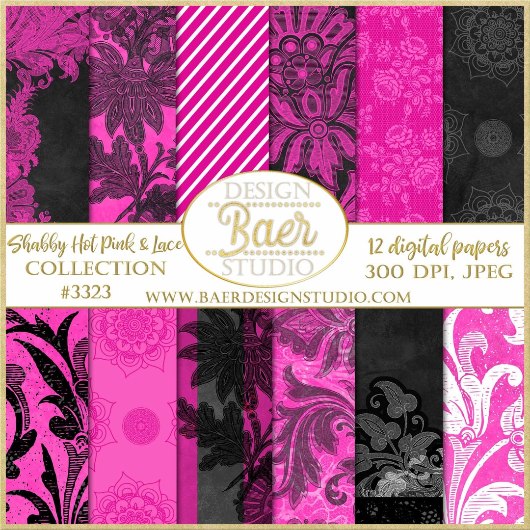 Hot Pink and Black Printable Digital Paper, Hot Pink Lace Digital ...