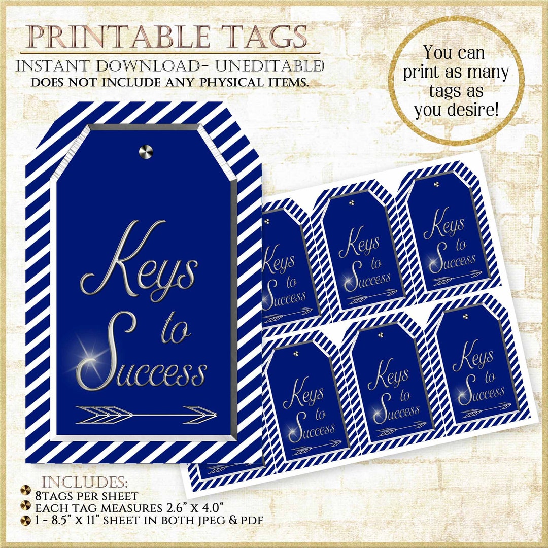 Blue and Silver Keys to Success Printable Tags, College Graduation Tags ...