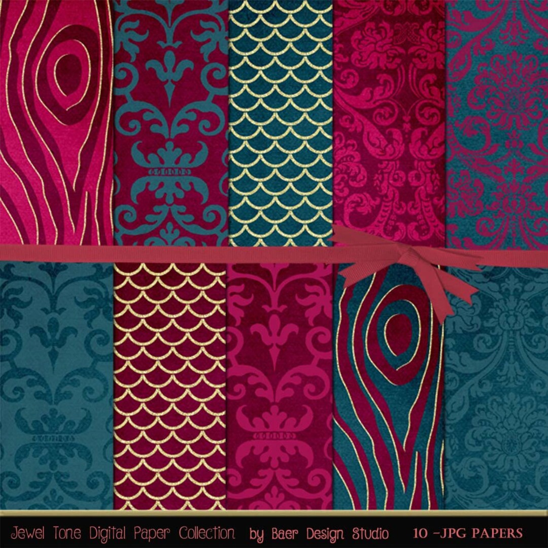 Jewel Tone Digital Background Paper, Burgundy and Gold Digital ...