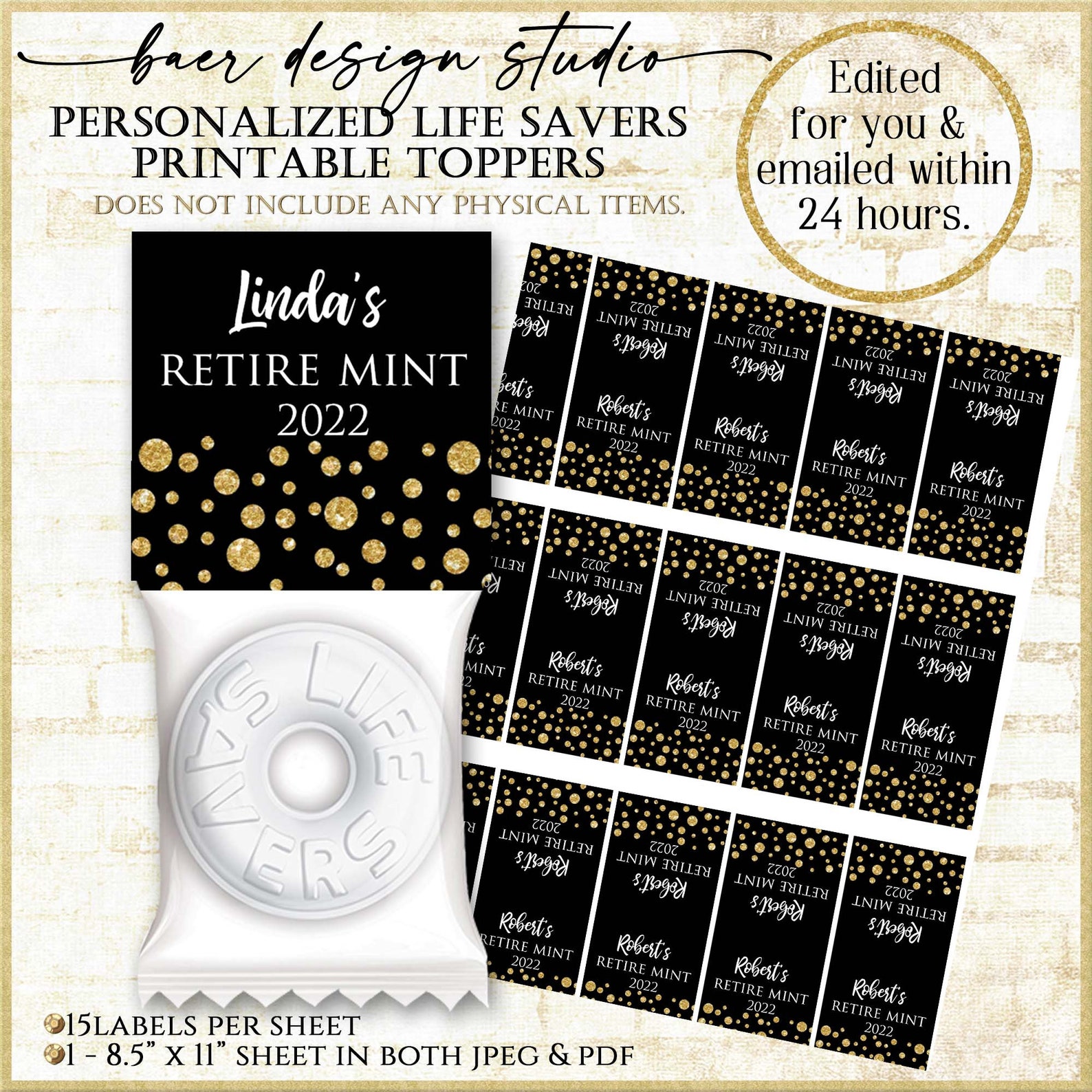 Personalized Retire MINT Life Savers Toppers: Black and Gold Confetti ...